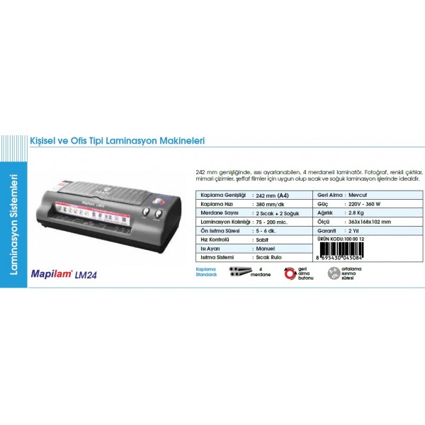Mapilamp LM24 Laminasyon Makinesi A4